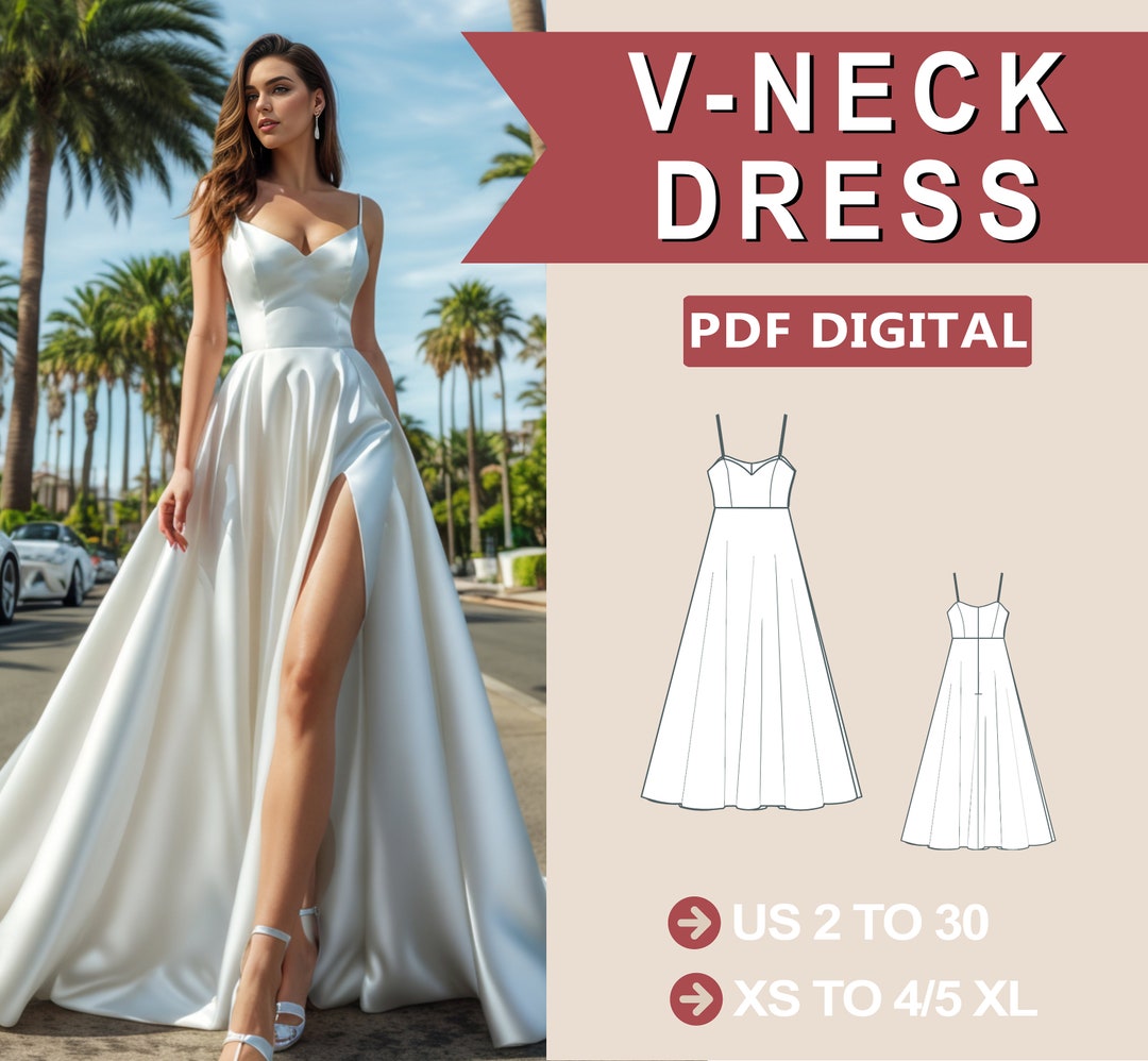 V-neck Sewing Dress Pattern, Easy Sewing PDF Pattern,us 2-30 Plus Size ...