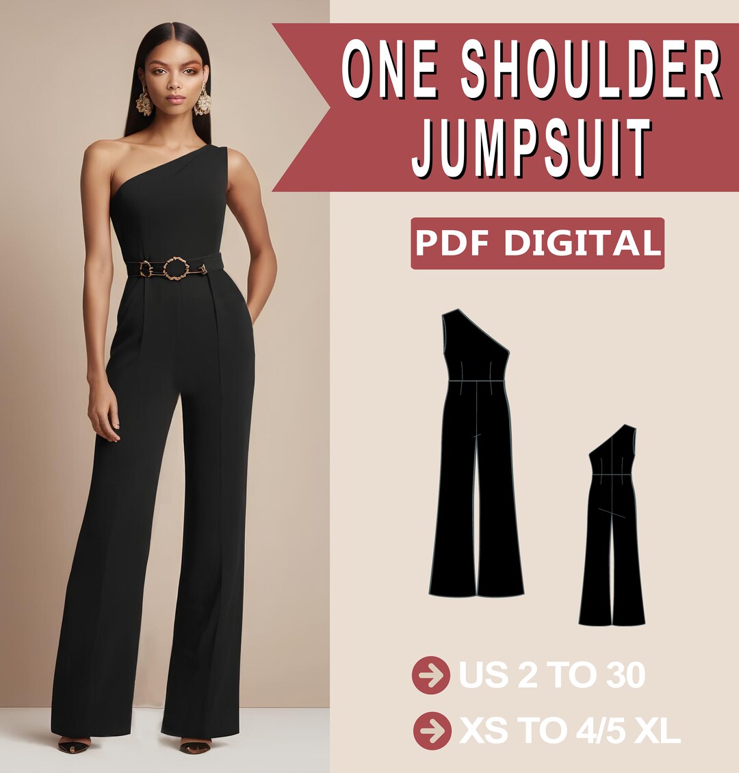 Easy Jumpsuit Sewing Pattern, One Shoulder Wide Leg Jumpsuit Pattern ...
