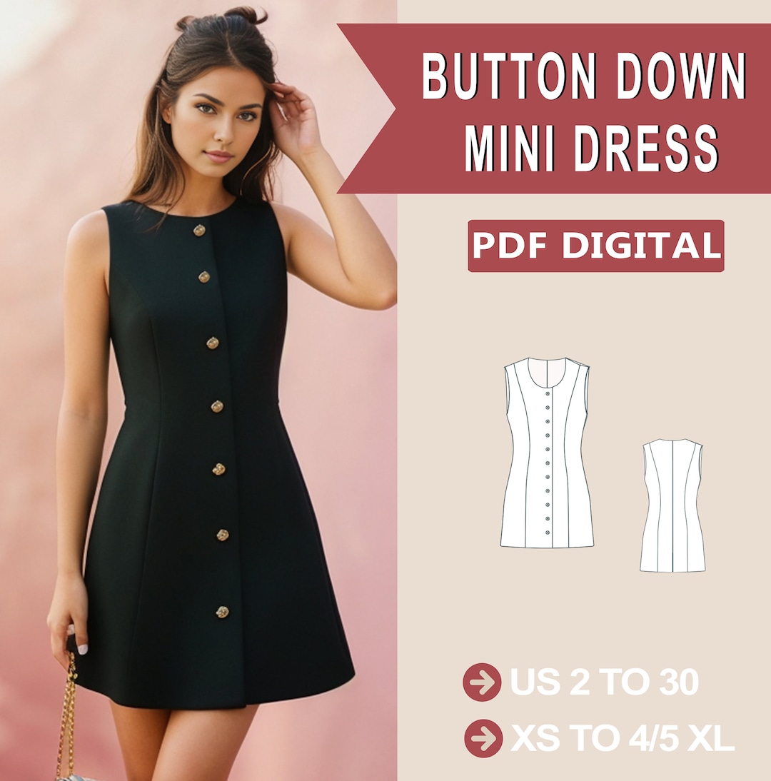 Button Down Mini Dress Sewing Pattern, Button Front Dress, Babydoll ...