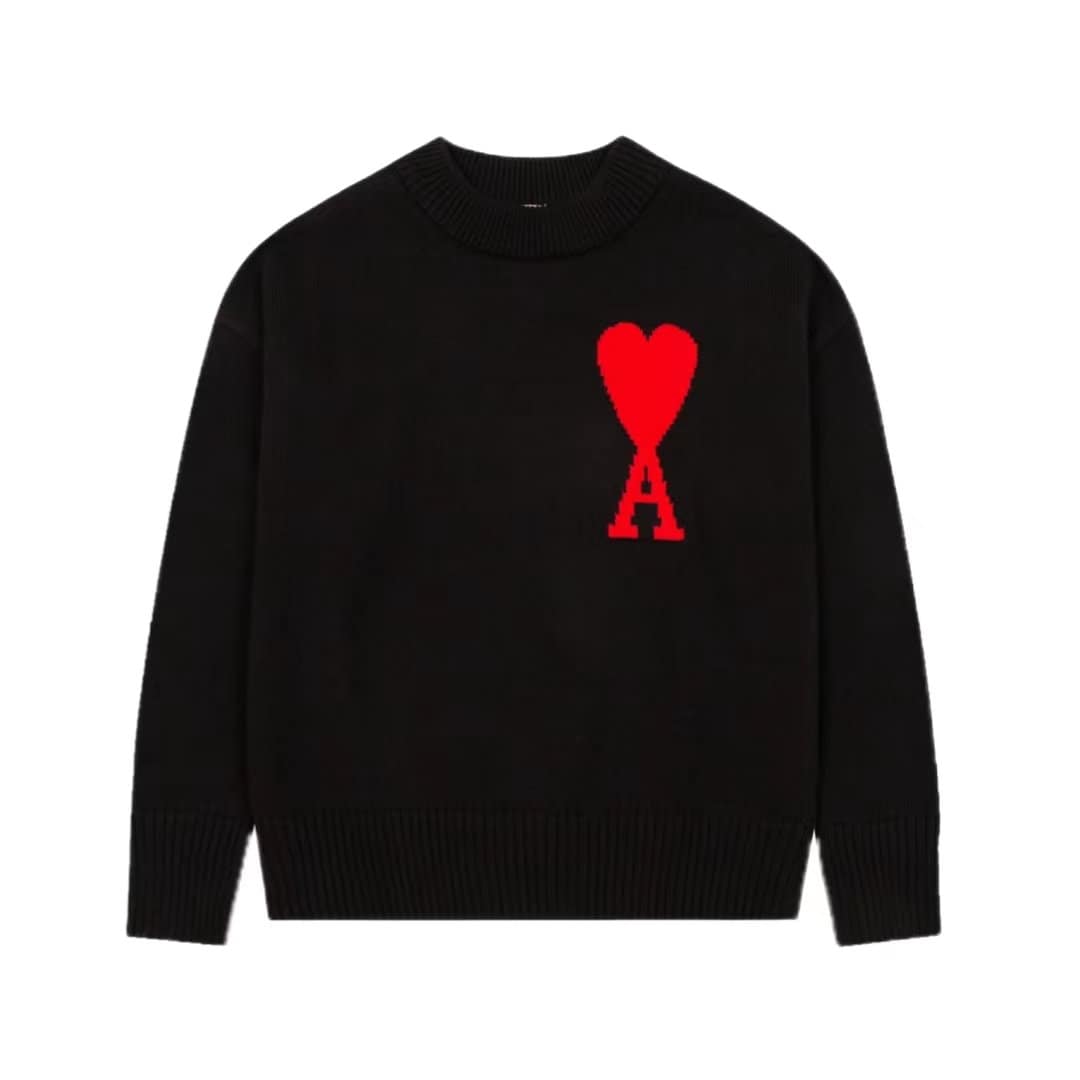 Ami Pari Black Crew Neck Sweater, Red Heart Logo Shirt Ami Pari Retro ...