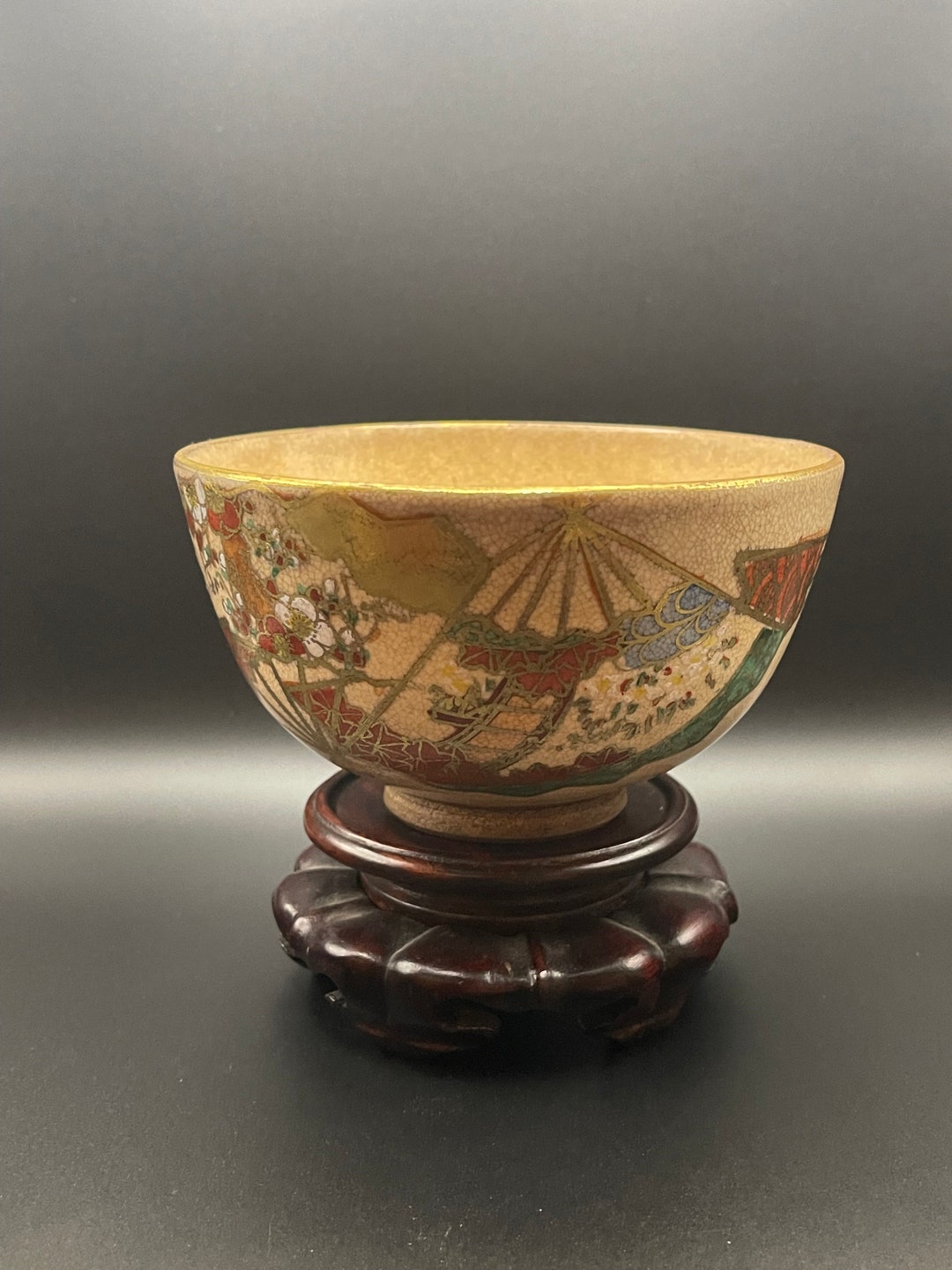 Japanese Antique Kyoto Ware Ninsei-style Tea Bowl, Coloured Fan Pattern ...