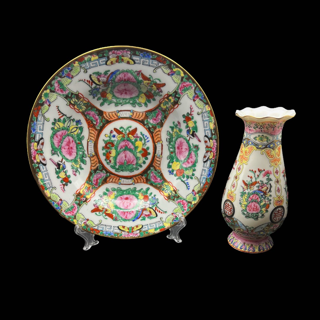 Rose Canton Pattern Porcelain Soup Bowl and Vase, Chinese Hand-painted ...