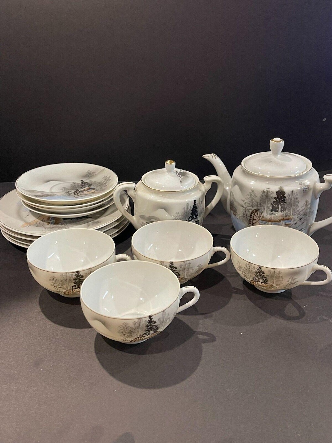 Kutani China Geisha Lithophane Tea Set for 4 - Vintage, Teapot & Sugar ...
