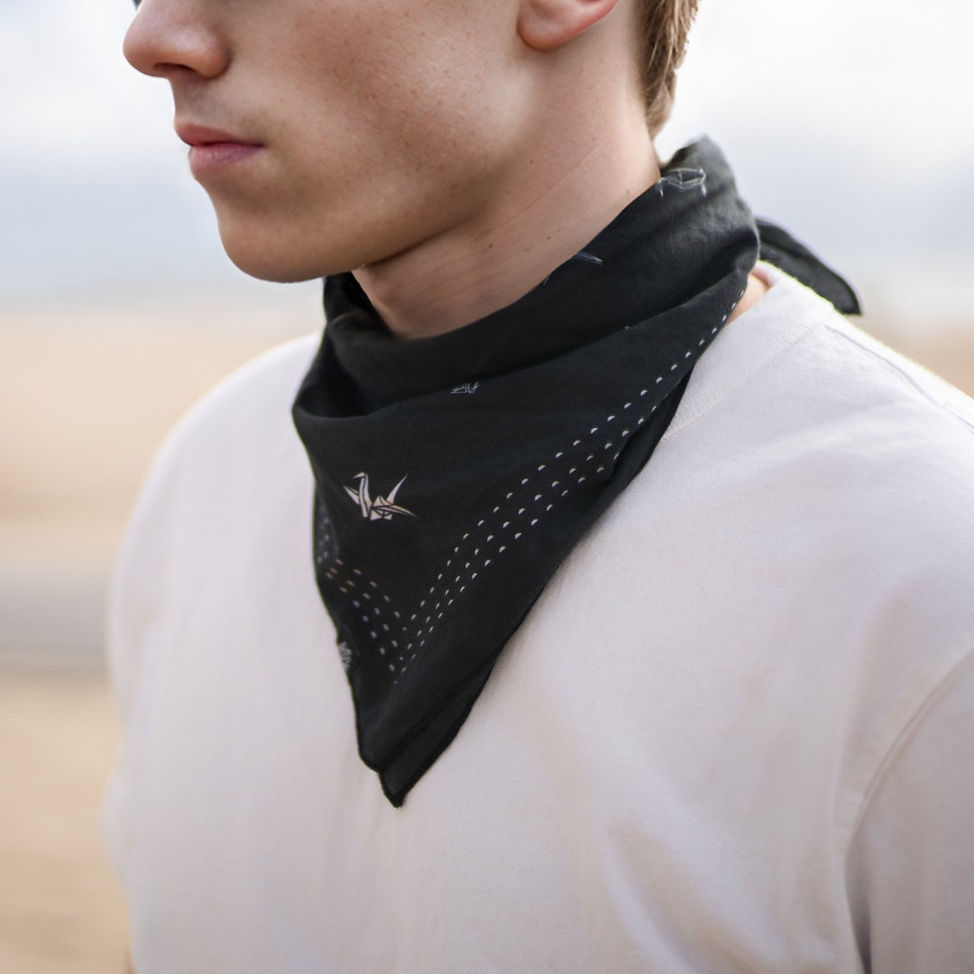Black Origami Bird Cotton Bandana: EDC Handkerchief, Unisex Headband ...