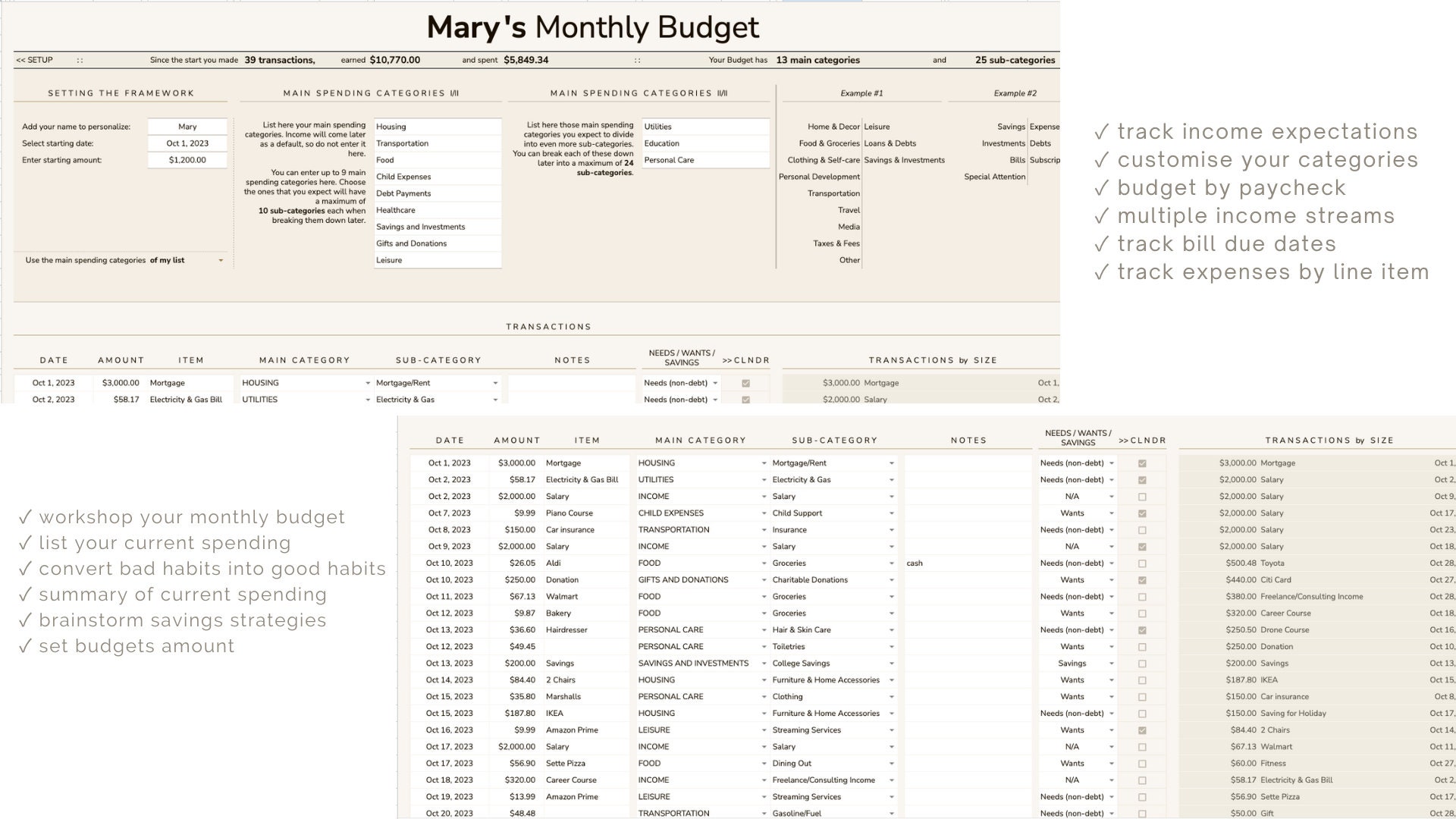 Monthly Budget Spreadsheet, Google Sheets, Digital Budget Planner ...