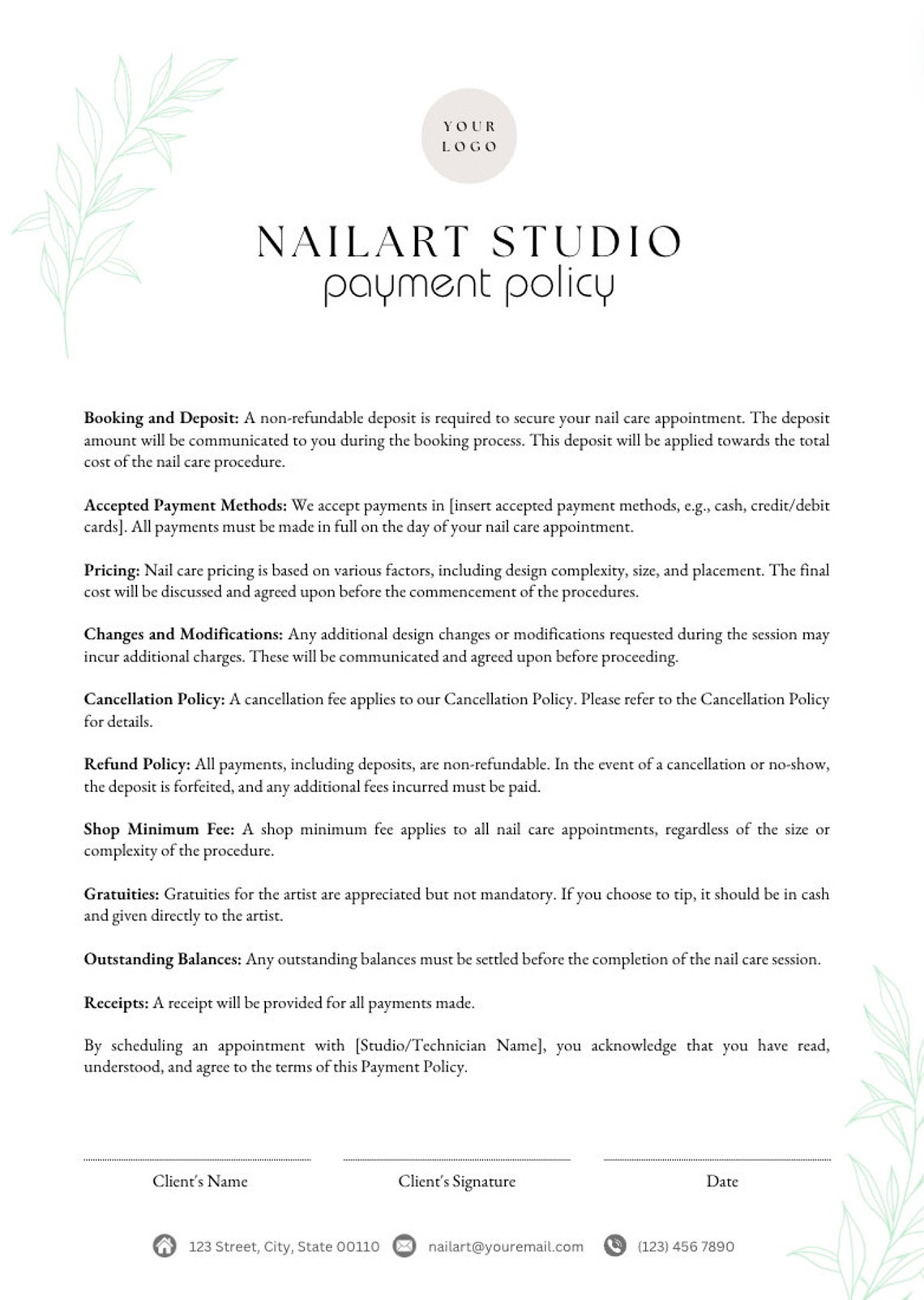 Nail Salon Forms Client Intake Consent Satisfaction Price List 5614
