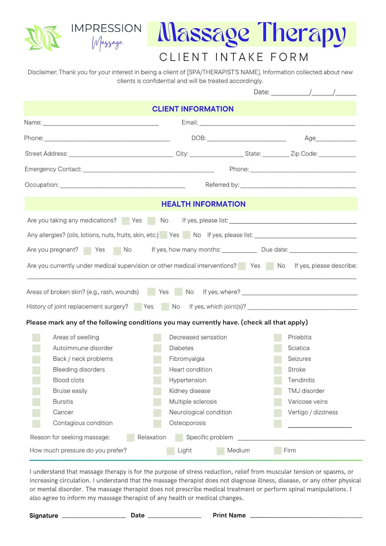 Editable Massage Therapy Forms: Client Intake, Survey, Price List ...