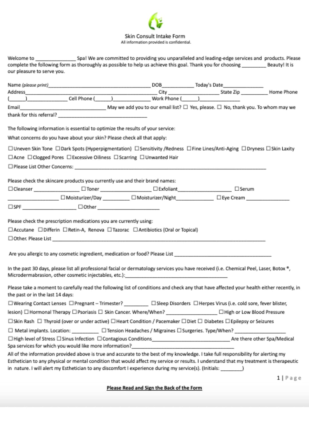 Facial Consultation Form, Client Intake Form, Skin Analysis, Consent ...
