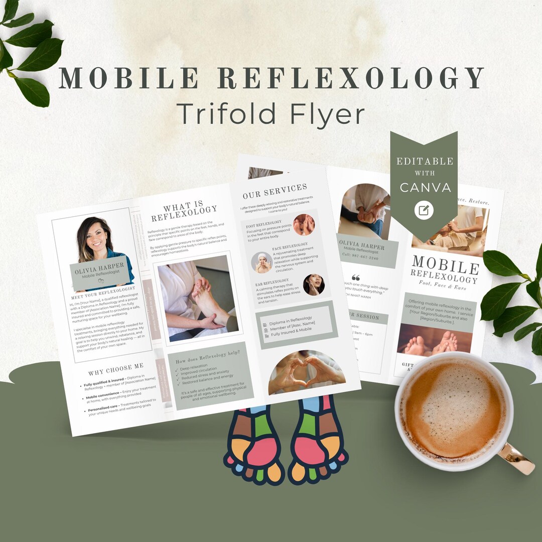 Mobile Reflexology Flyer, Trifold Canva Template, Editable Brochure for ...