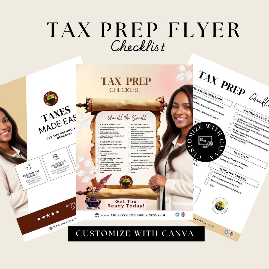 Tax Prep Flyer, Tax Flyer Checklist, Canva Template, Income Tax Advisor ...