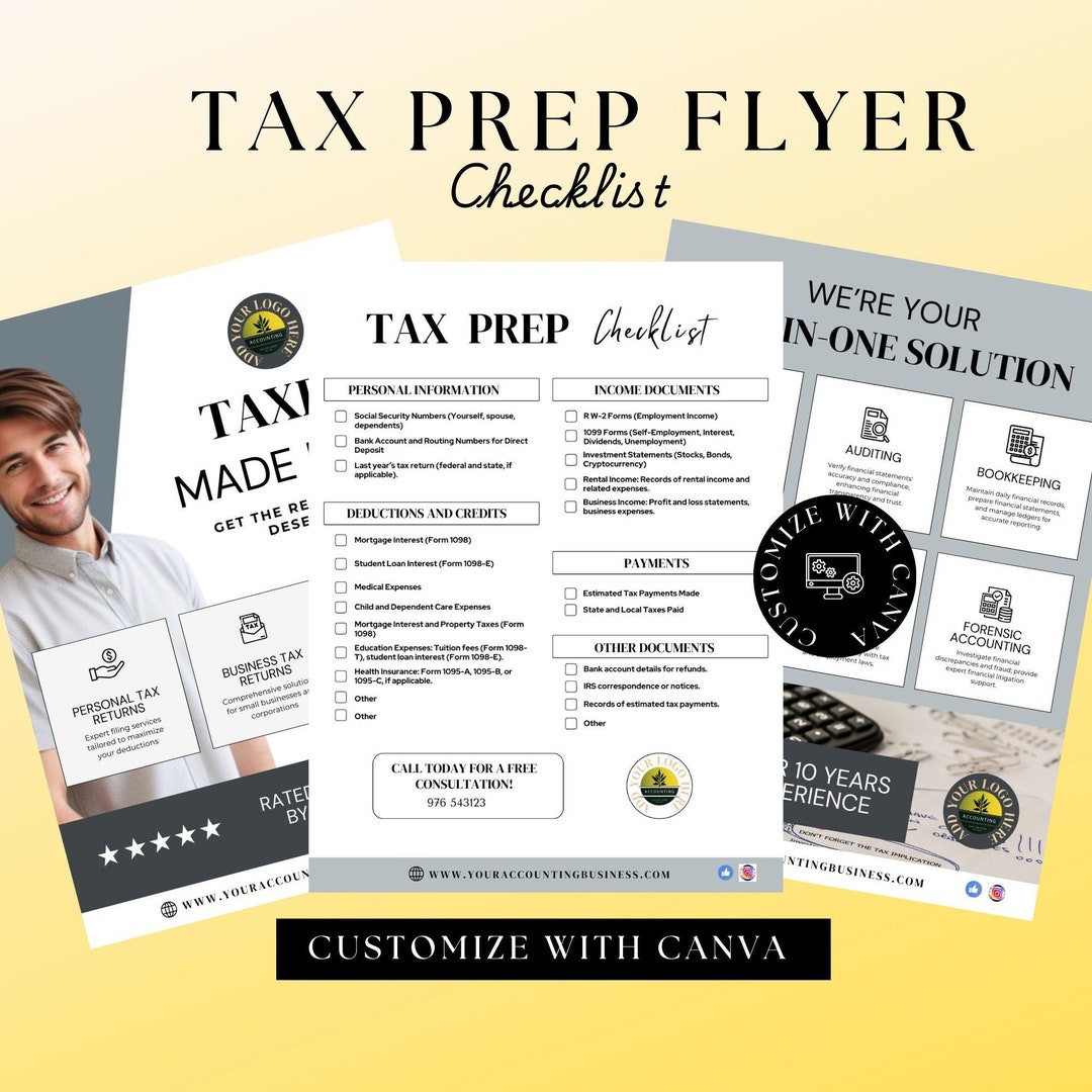 Tax Prep Flyer and Checklists, Professional Tax Services Canva Template ...