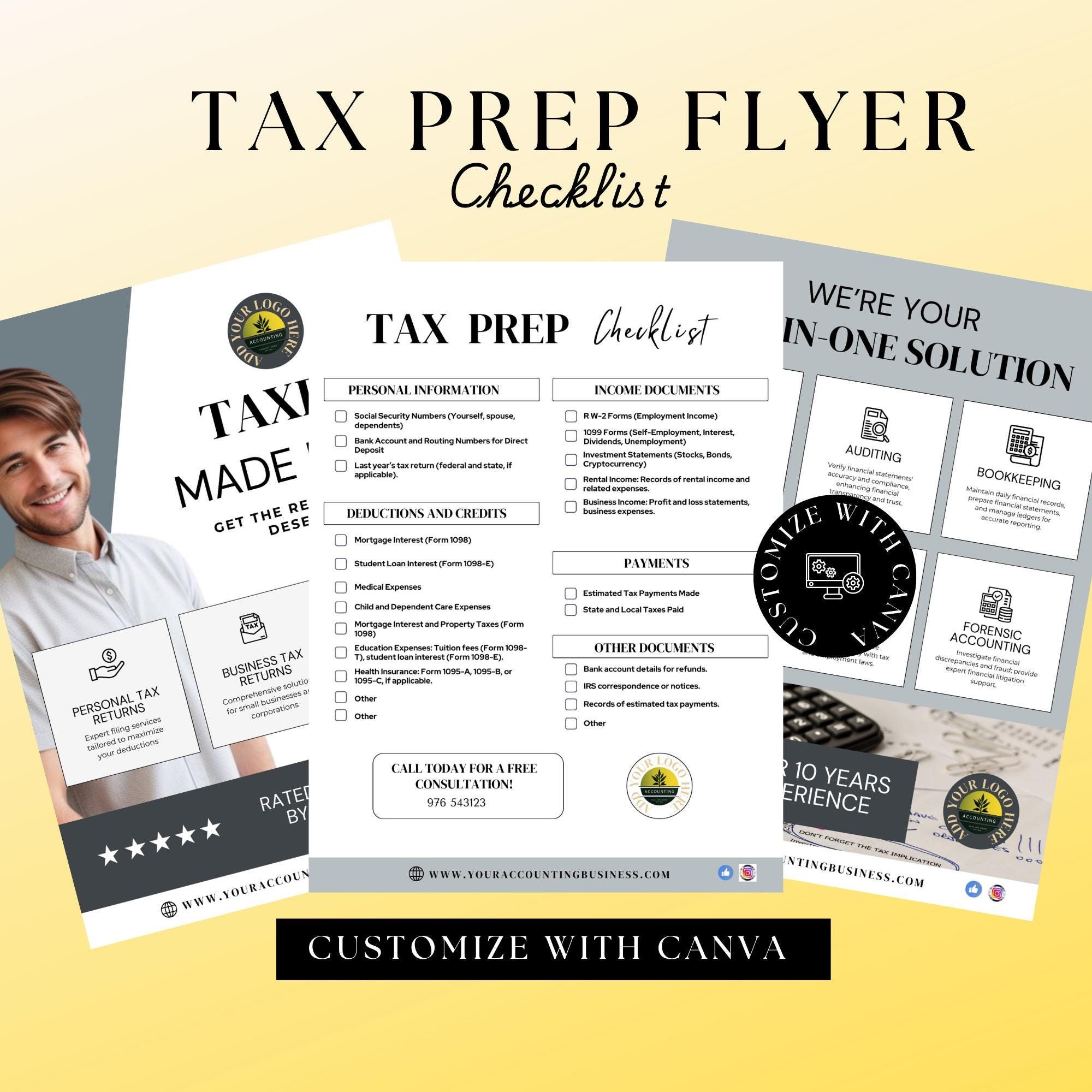 Tax Prep Flyer and Checklists, Professional Tax Services Canva Template ...