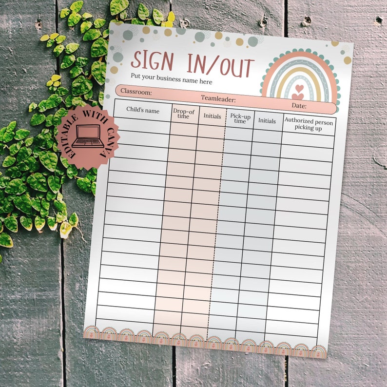 Childcare Sign-in and Sign-out Sheet, Sign-in Sheet for Daycare, Canva ...