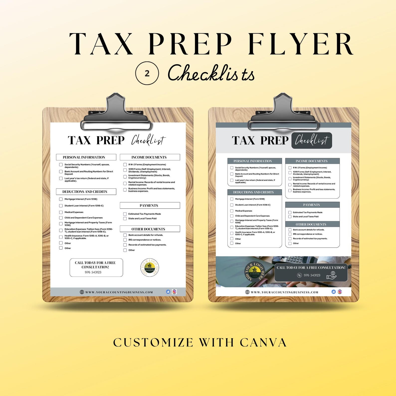 Tax Prep Flyer and Checklists, Professional Tax Services Canva Template ...