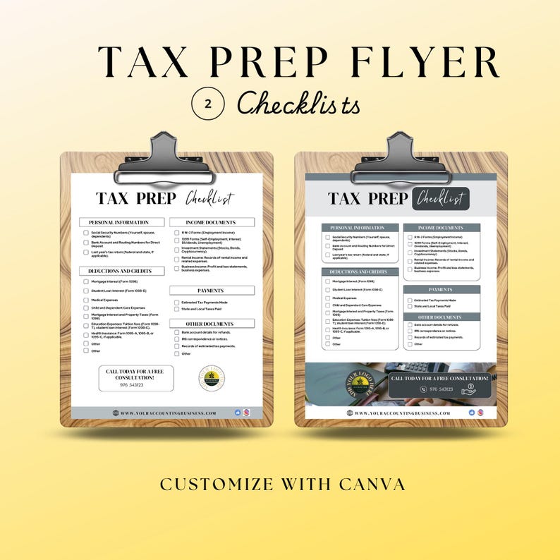 Tax Prep Flyer and Checklists, Professional Tax Services Canva Template ...