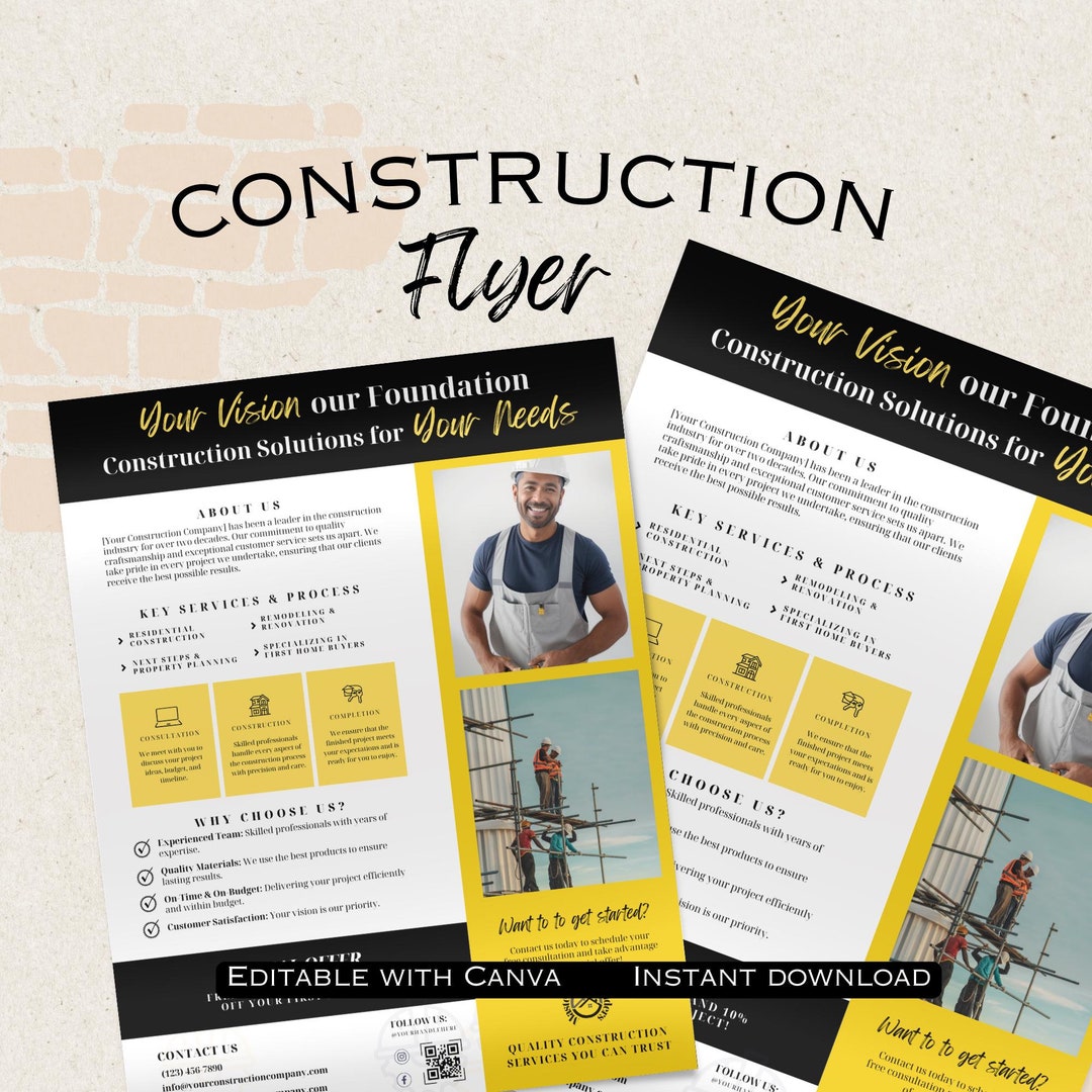 Construction Company Flyer Canva Template | Printable Building Services ...