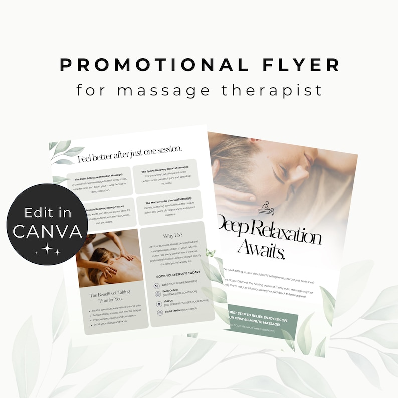 Massage Therapy Flyer, Canva Template, Editable Massage Therapist Sheet ...