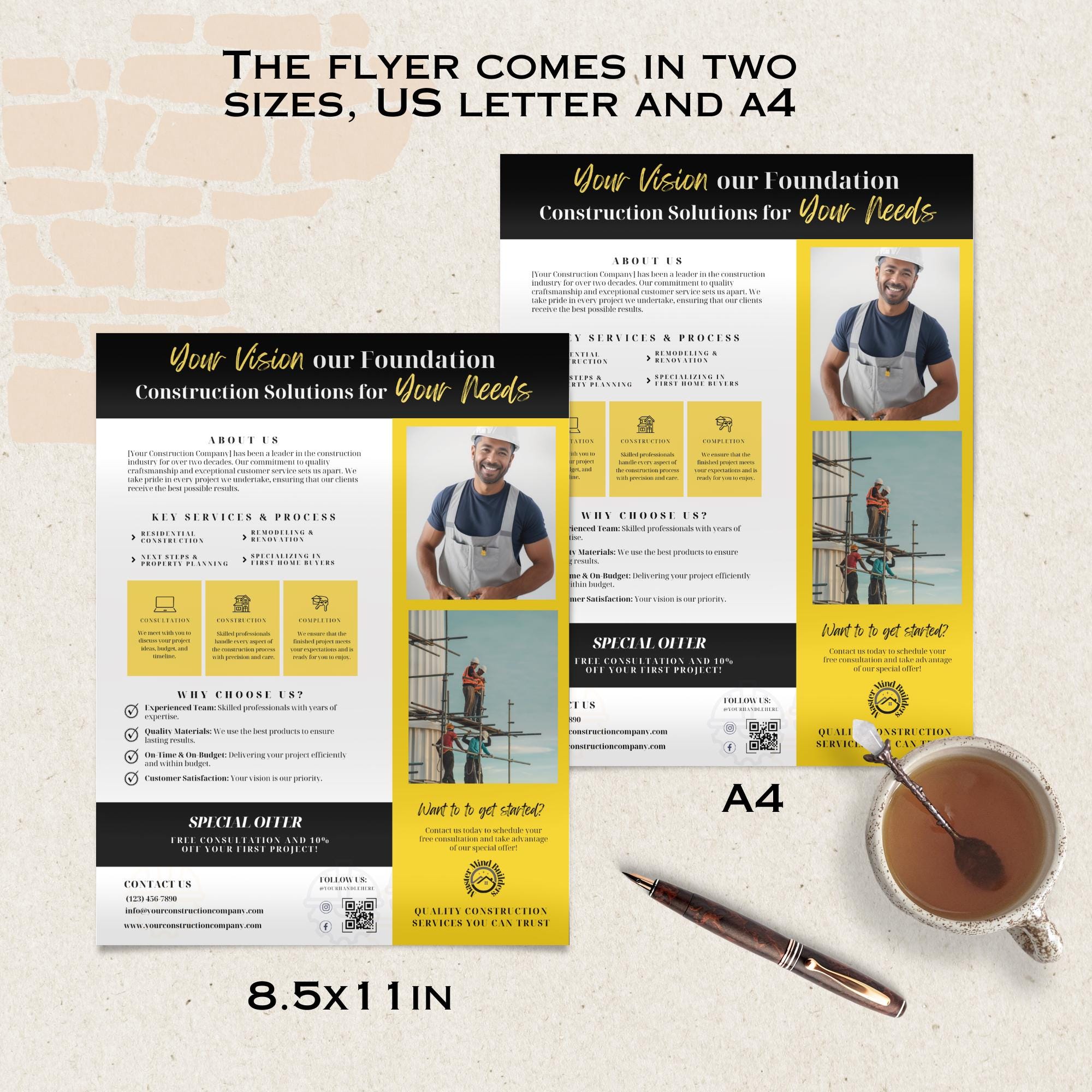 Construction Company Flyer Canva Template | Printable Building Services ...