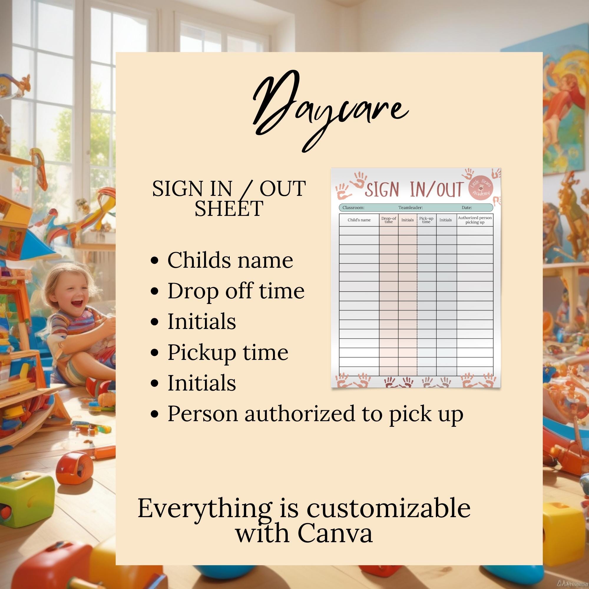 Daycare Sign-in/out Sheet, Attendance Record, Sports, Activity ...
