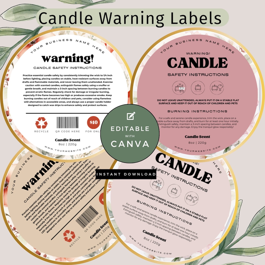 Candle Warning Labels, Editable in Canva, Pink Premaid, Printable ...