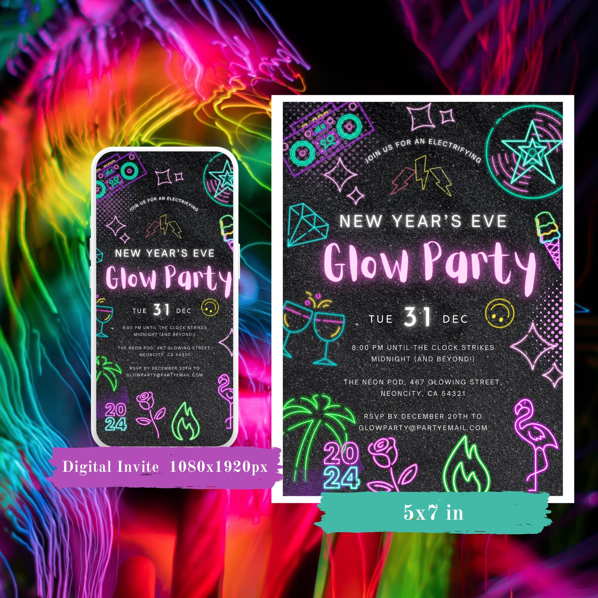 Digital NYE Glow Neon Party Invitation, Editable Canva Template, Glow ...