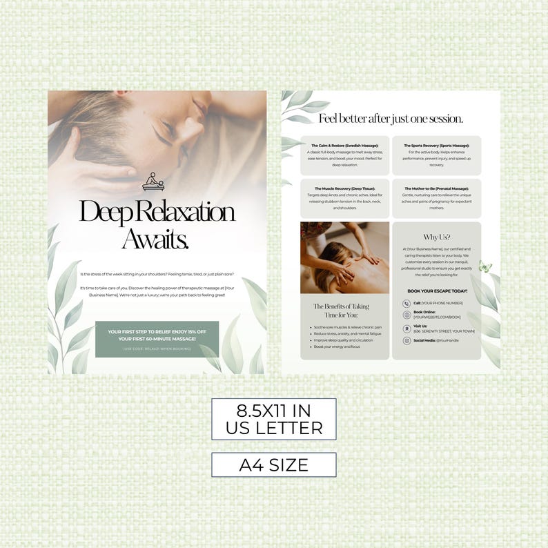 Massage Therapy Flyer, Canva Template, Editable Massage Therapist Sheet ...