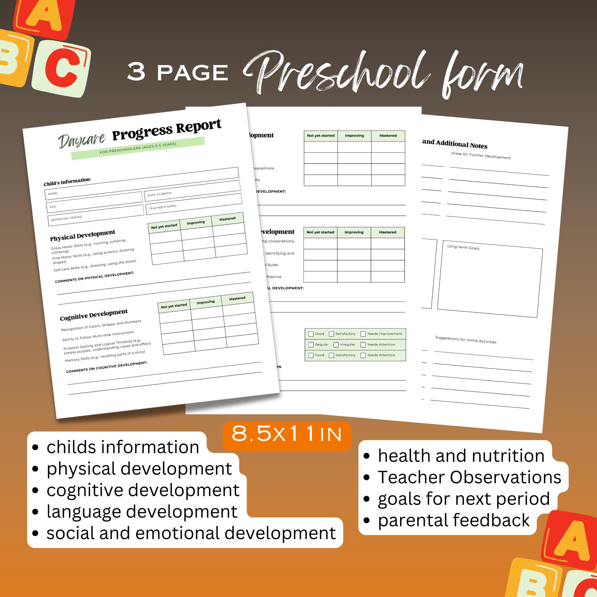 Daycare Progress Report | Early Childhood Report Card | Early Learning ...