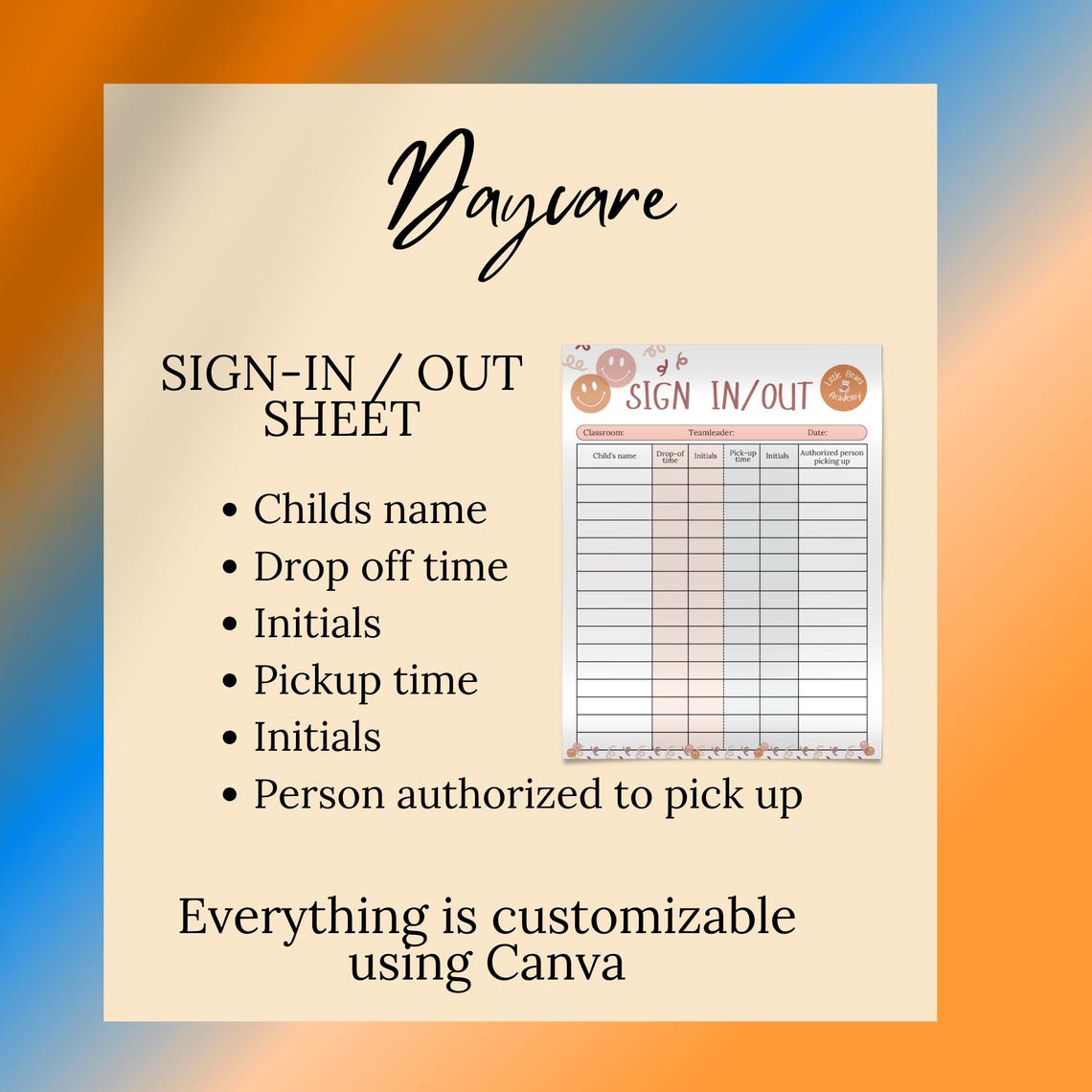 Childcare Sign In/out Sheet, Daycare Forms, Family Daycare Attendance ...