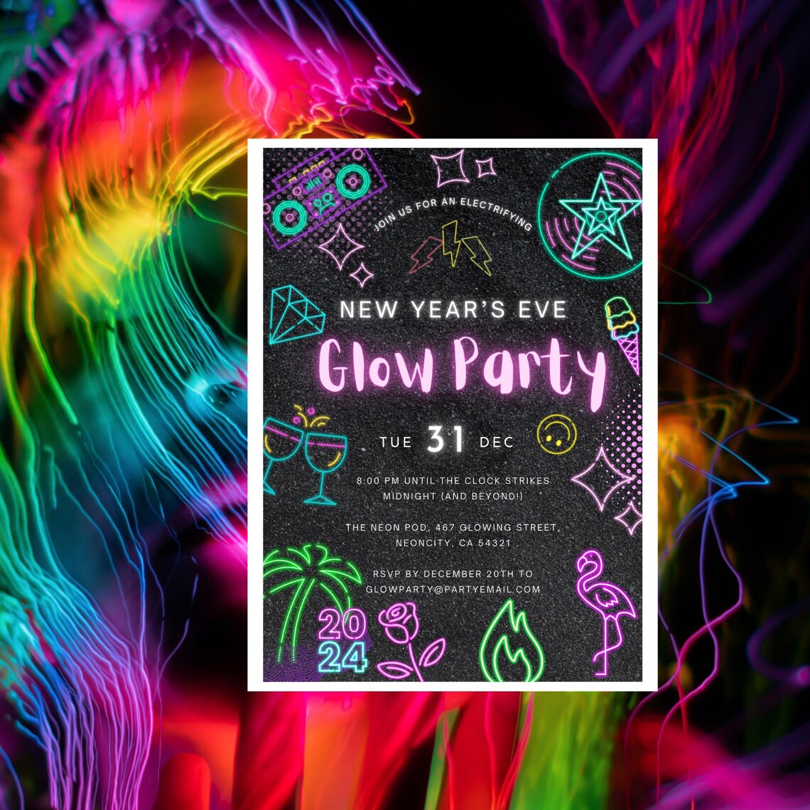 Neon New Years Eve Glow Party Invitation, Canva Template, Printable NYE ...