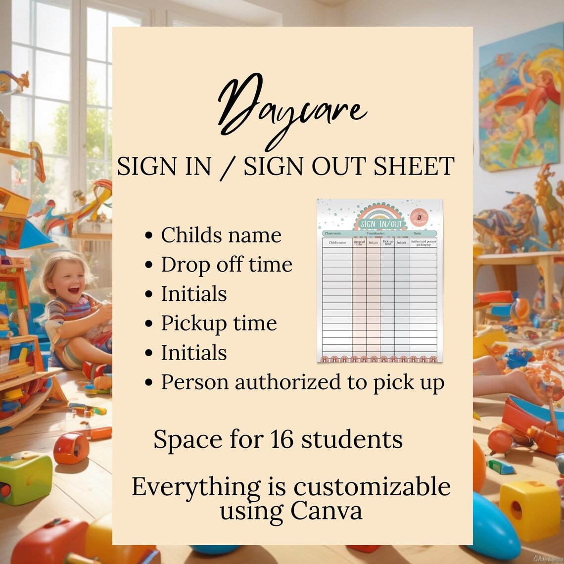Sign in Sheet for Daycare Form, Sign In/out Sheets, Family Daycare ...