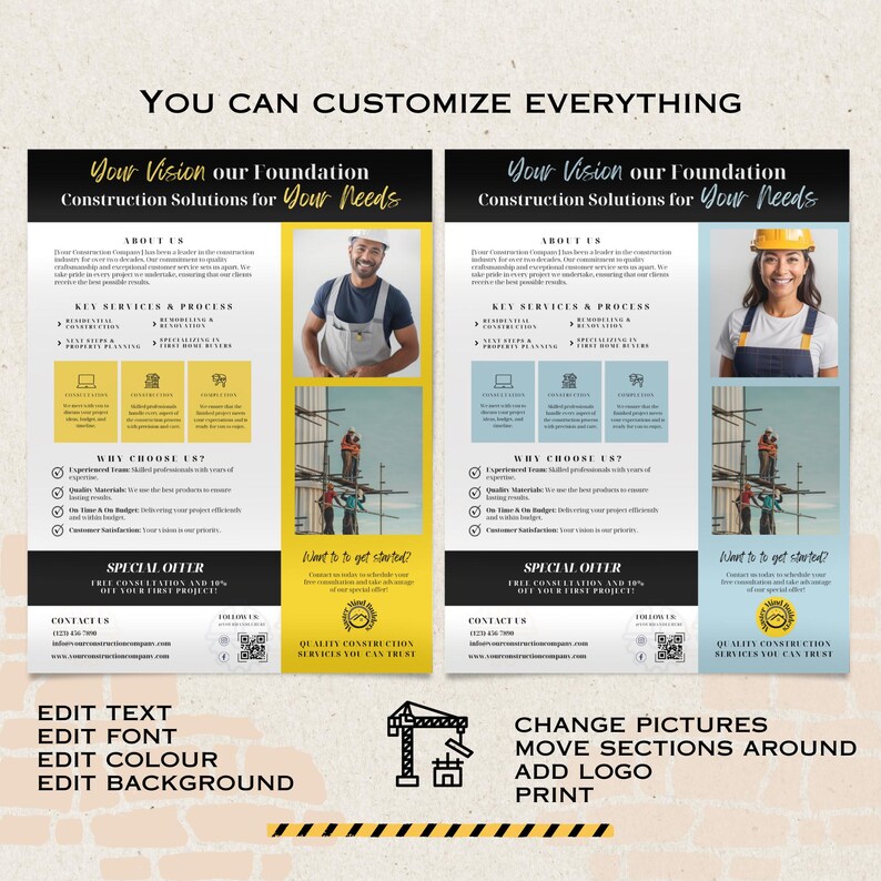 Construction Company Flyer Canva Template | Printable Building Services ...