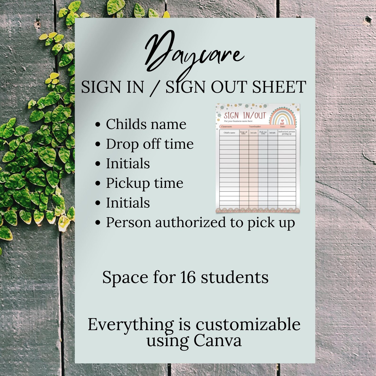 Childcare Sign-in and Sign-out Sheet, Sign-in Sheet for Daycare, Canva ...