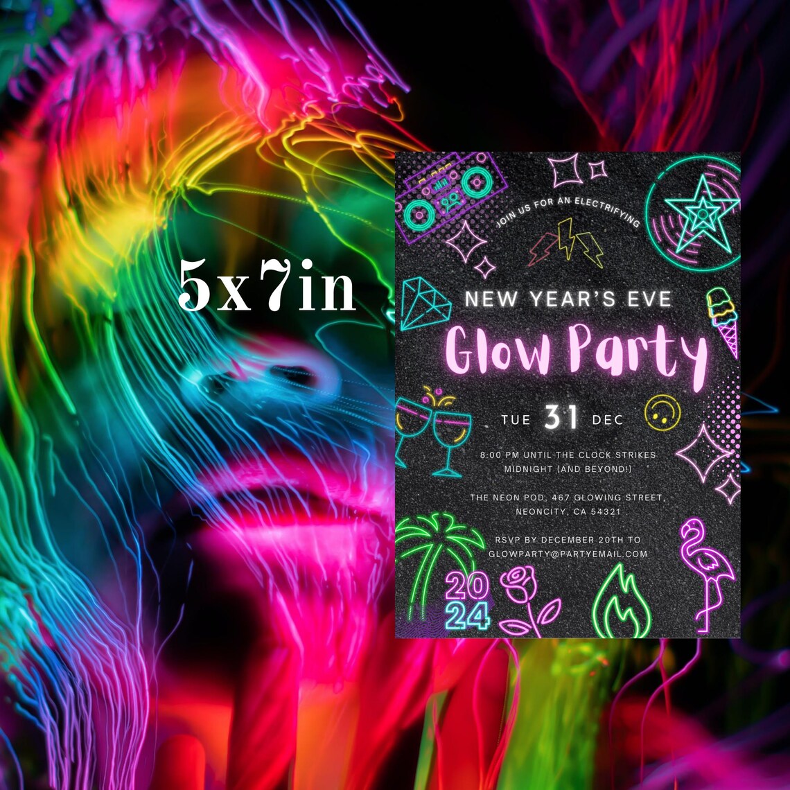 Neon New Years Eve Glow Party Invitation, Canva Template, Printable NYE ...