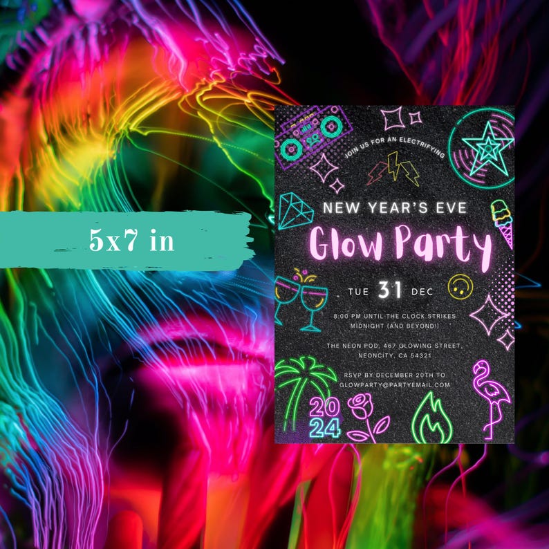 Digital NYE Glow Neon Party Invitation, Editable Canva Template, Glow ...