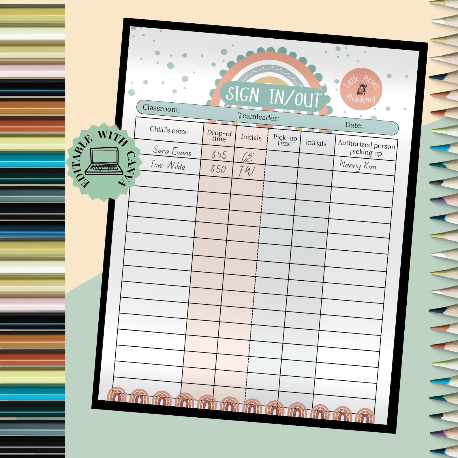 Sign in Sheet for Daycare Form, Sign In/out Sheets, Family Daycare ...