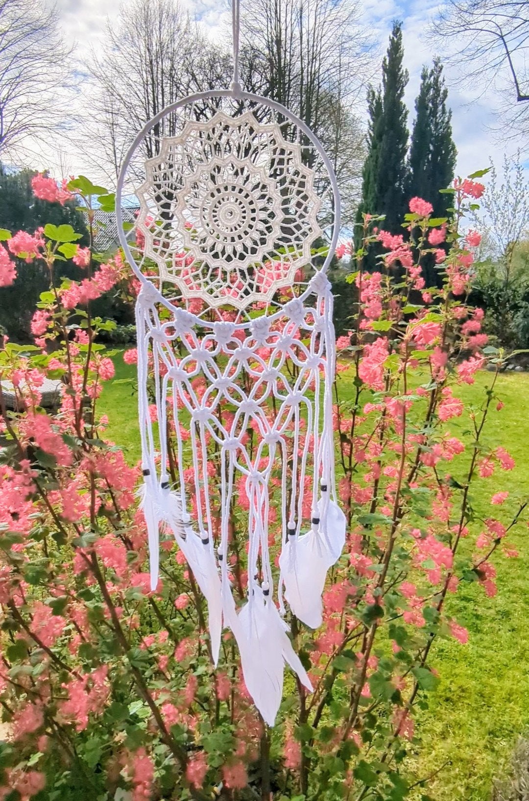 Boho Dream Catcher in White With Feathers and Black Beads, Sweet Dream ...