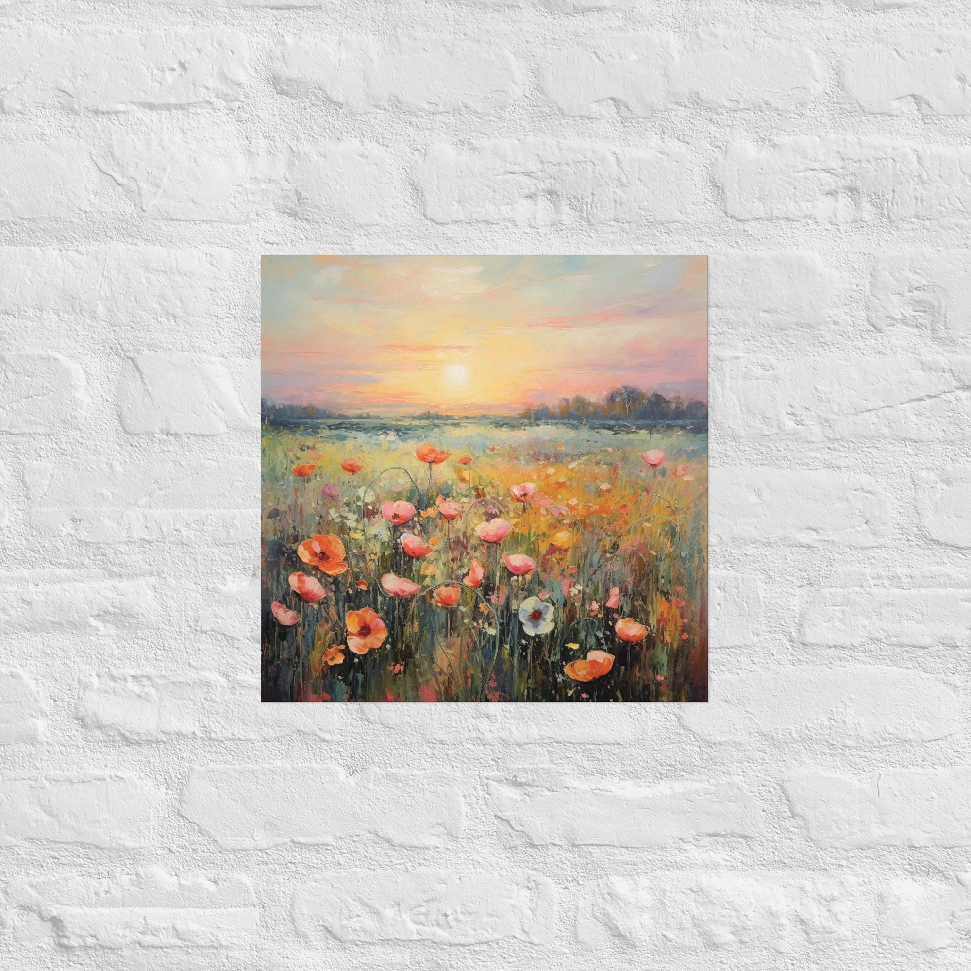 Sunset on a Field of Flowers Art Print - 10x10, 12x12, 14x14, 16x16 ...