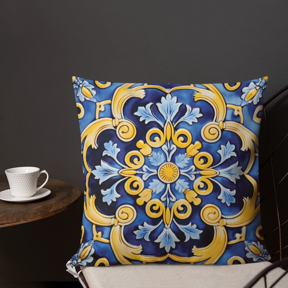 Blue and Yellow Mediterranean Design Pillow | 18"x18", 20"x12", & 22 ...