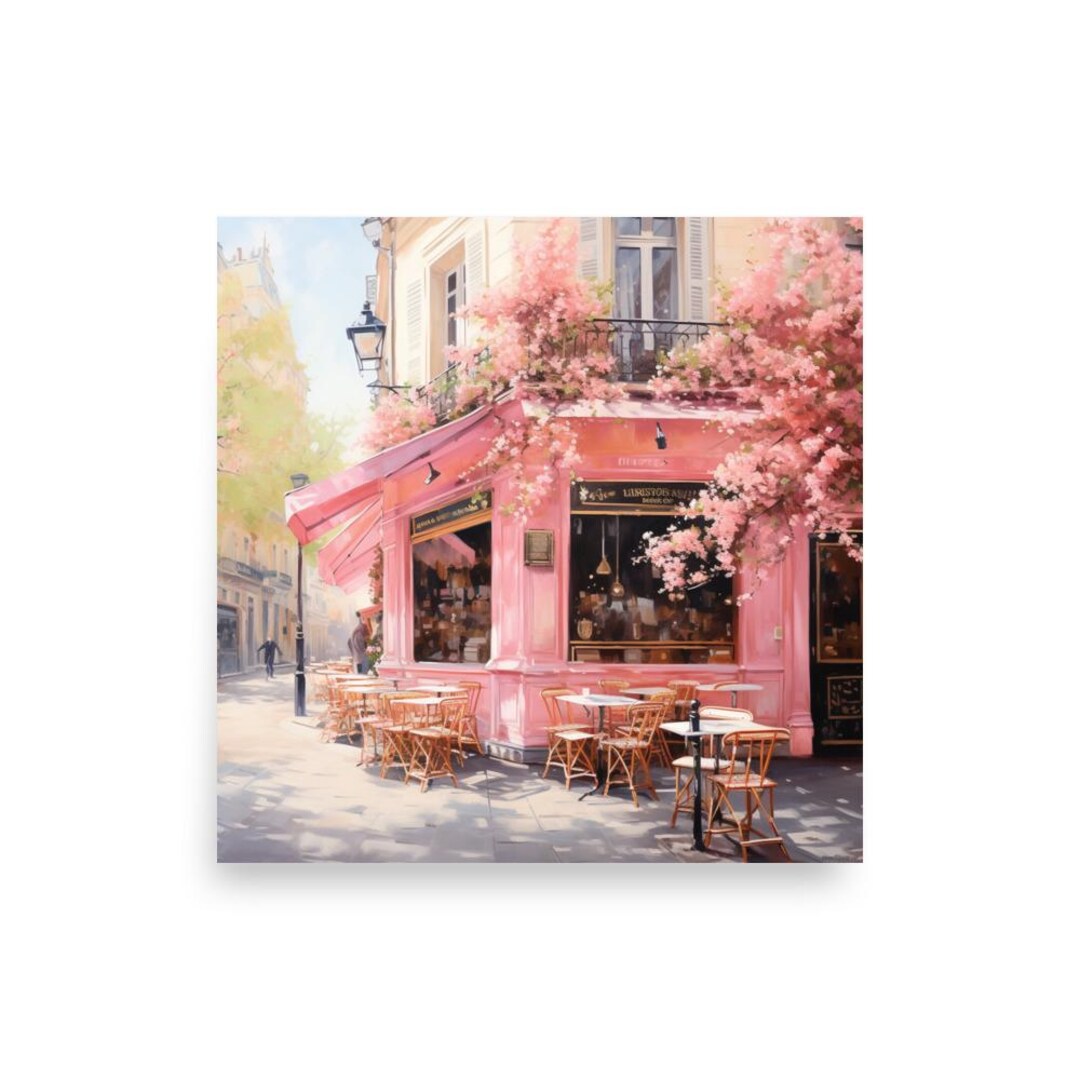 Pink French Cafe in Spring Art Print - 10x10, 12x12, 14x14, 16x16 ...