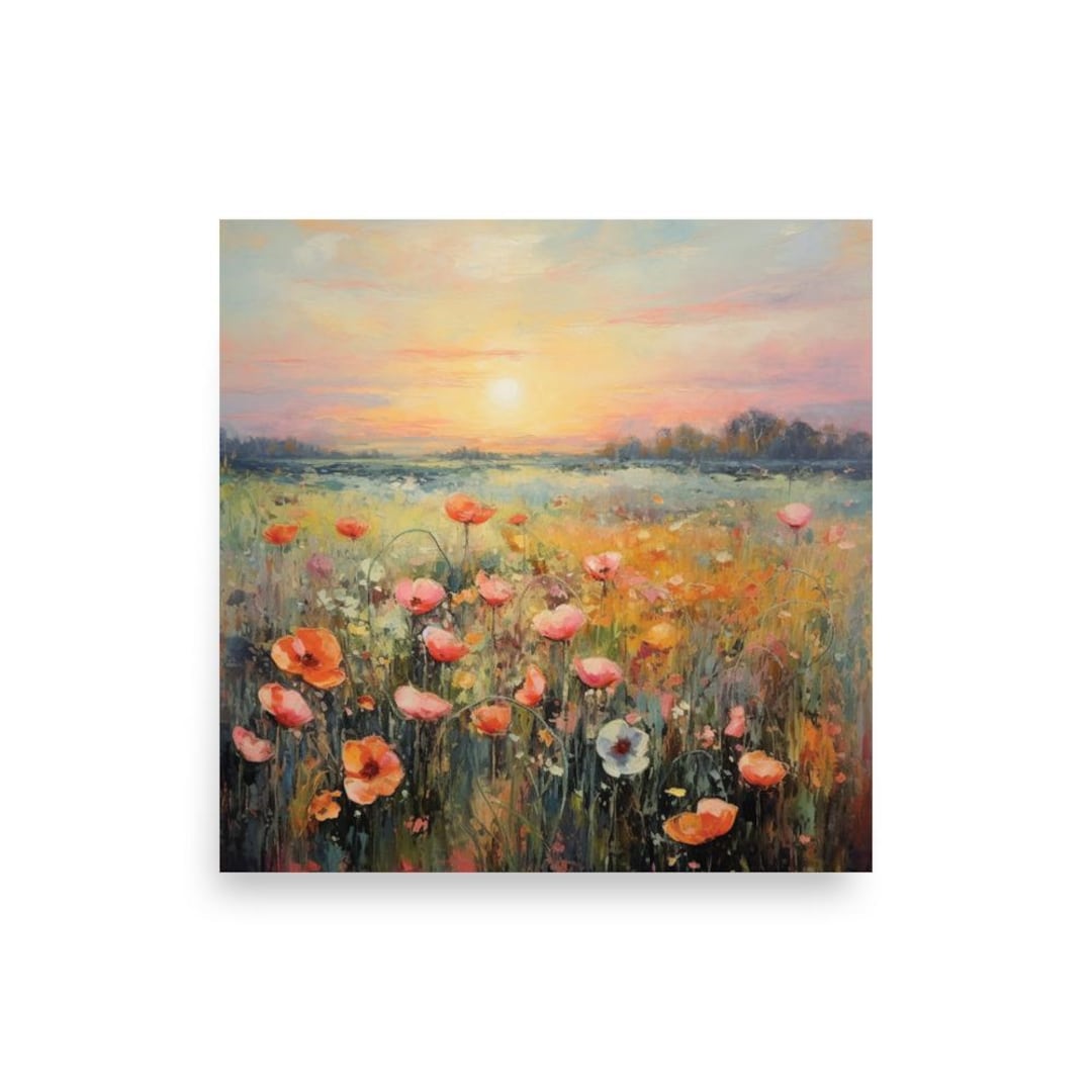 Sunset on a Field of Flowers Art Print - 10x10, 12x12, 14x14, 16x16 ...
