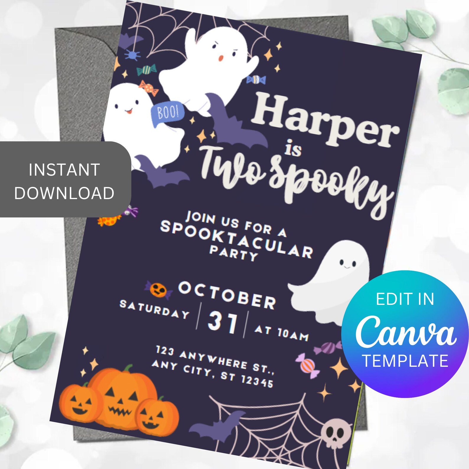 Editable Two Spooky Birthday Invitation, Halloween Second Birthday ...