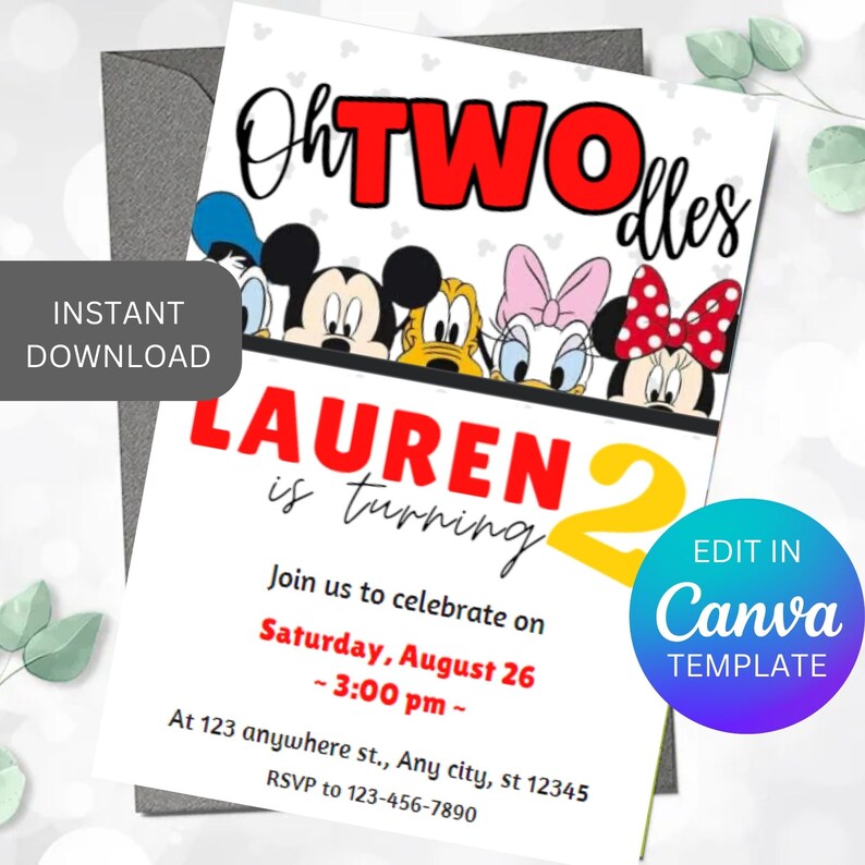 Mickey Mouse Birthday Invitation | Oh Twodles Party, Editable Template ...