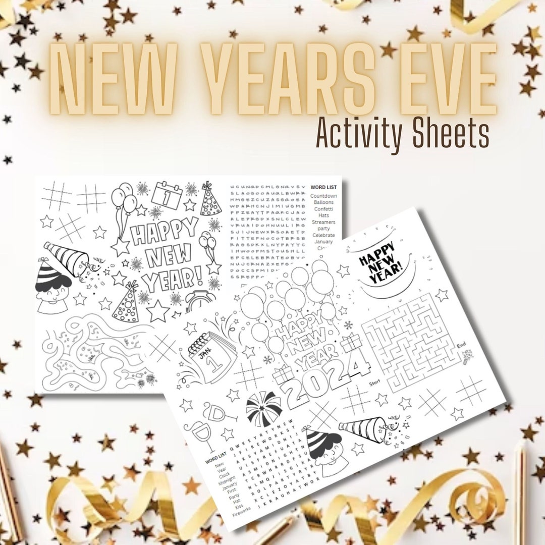 New Years Eve 2024 Printable Activity Sheet, Tic Tac Toe, Maze, Word ...