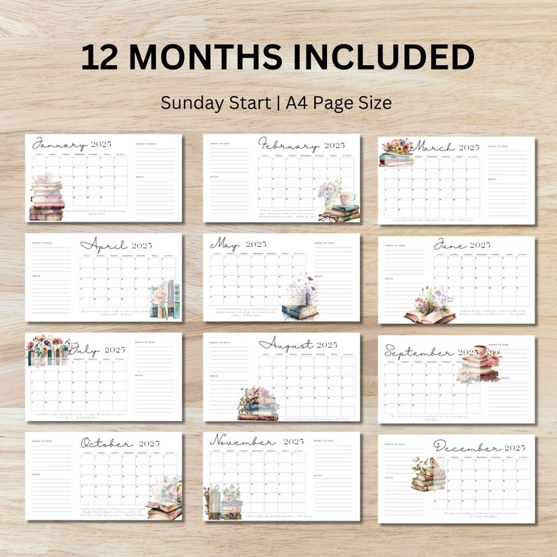 2025 Monthly Planner Landscape, Sunday Start, Books Lovers Calendar, A4 ...