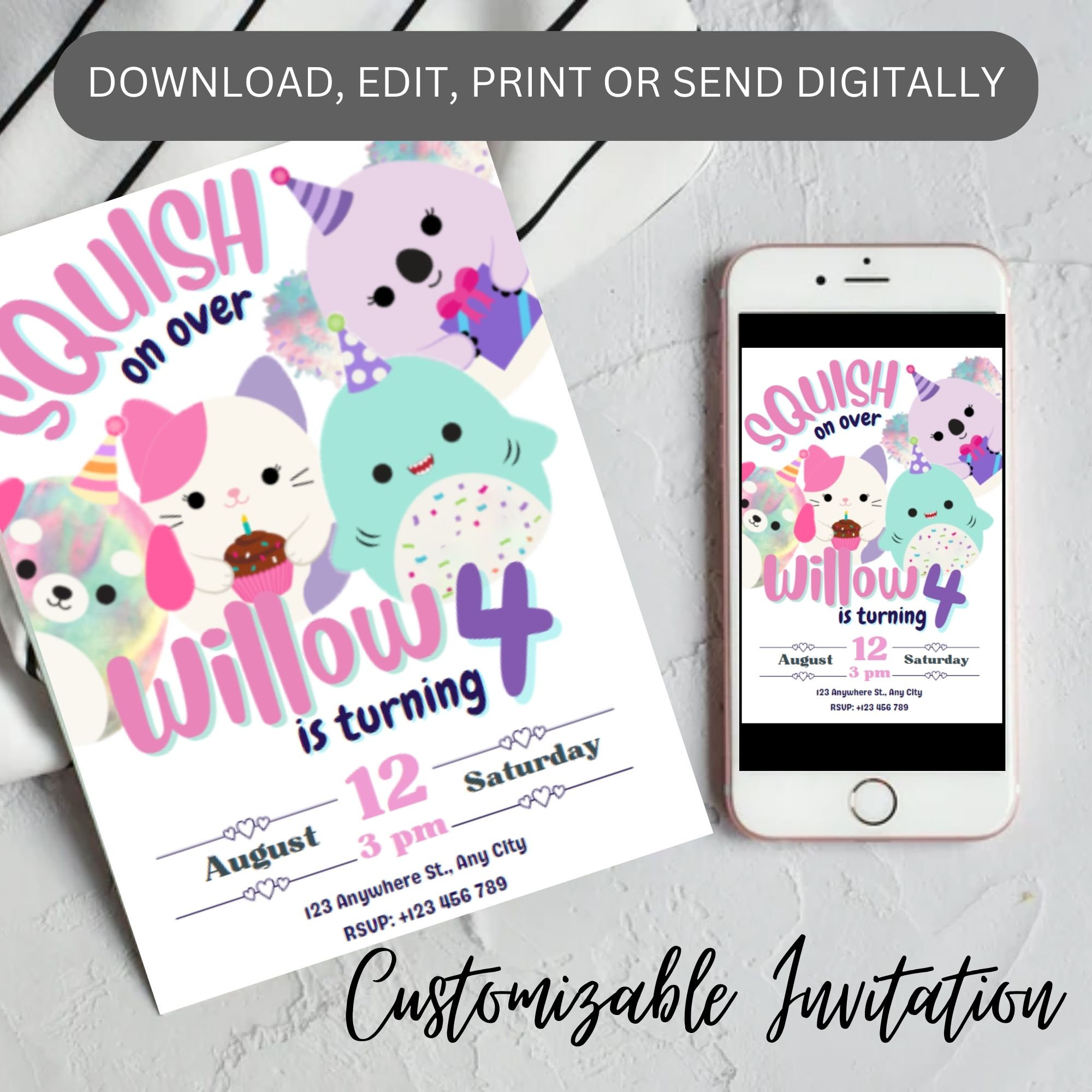 Squishmallows Birthday Invitation Editable Template - Customizable ...