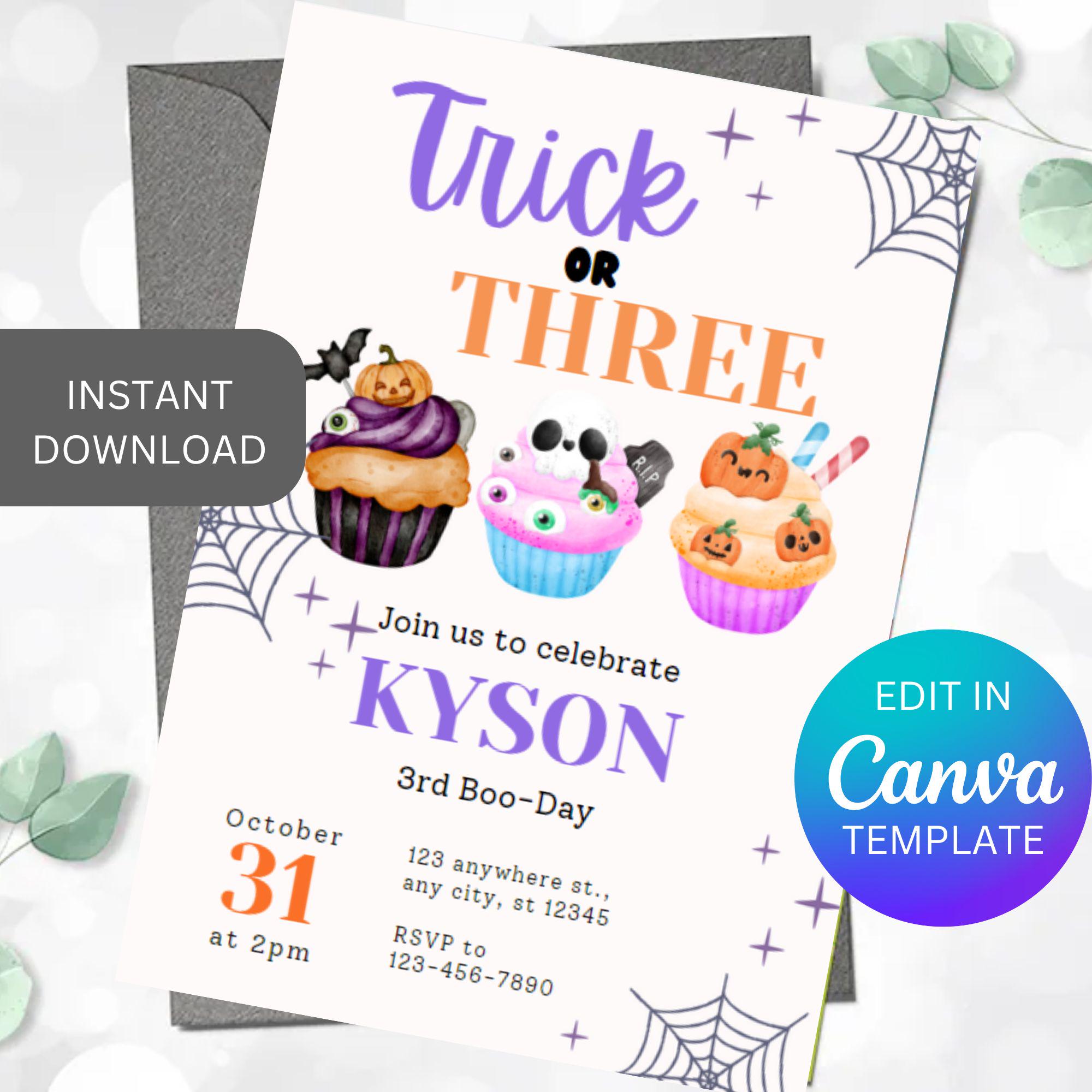 Editable Trick or Three Birthday Invitation, Halloween Third Birthday ...
