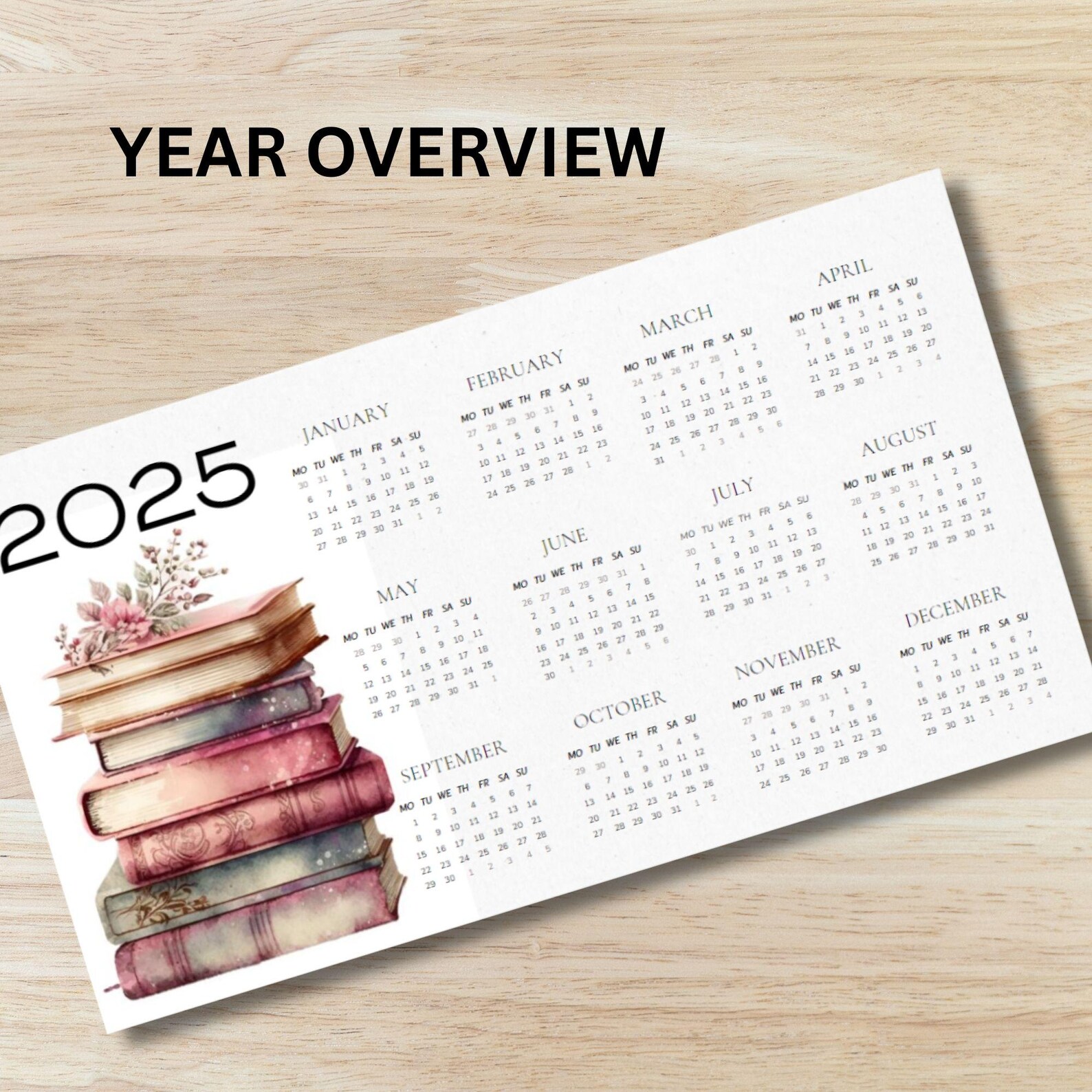 2025 Monthly Planner Landscape, Sunday Start, Books Lovers Calendar, A4 ...