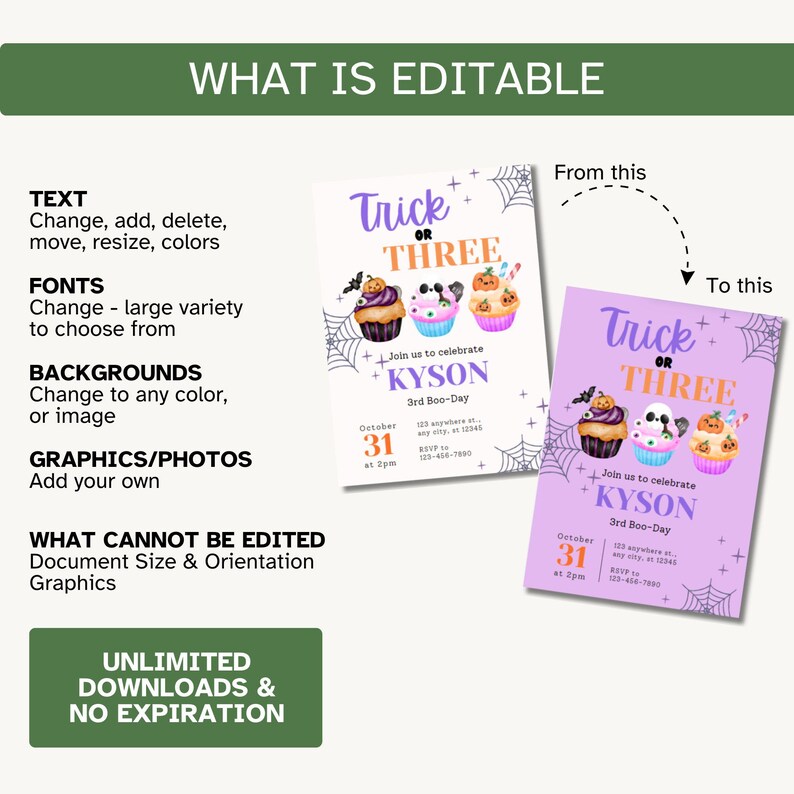 Editable Trick or Three Birthday Invitation, Halloween Third Birthday ...