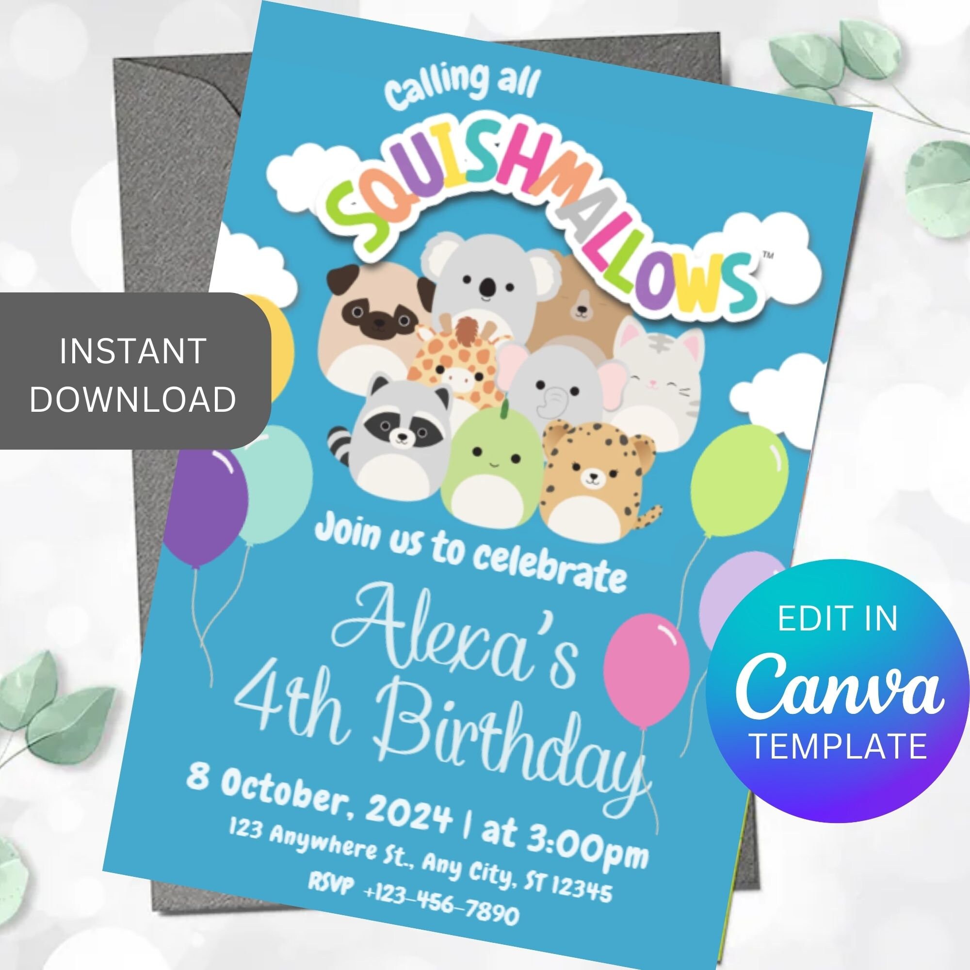Squishmallows Birthday Invitation Editable Template - Customizable ...