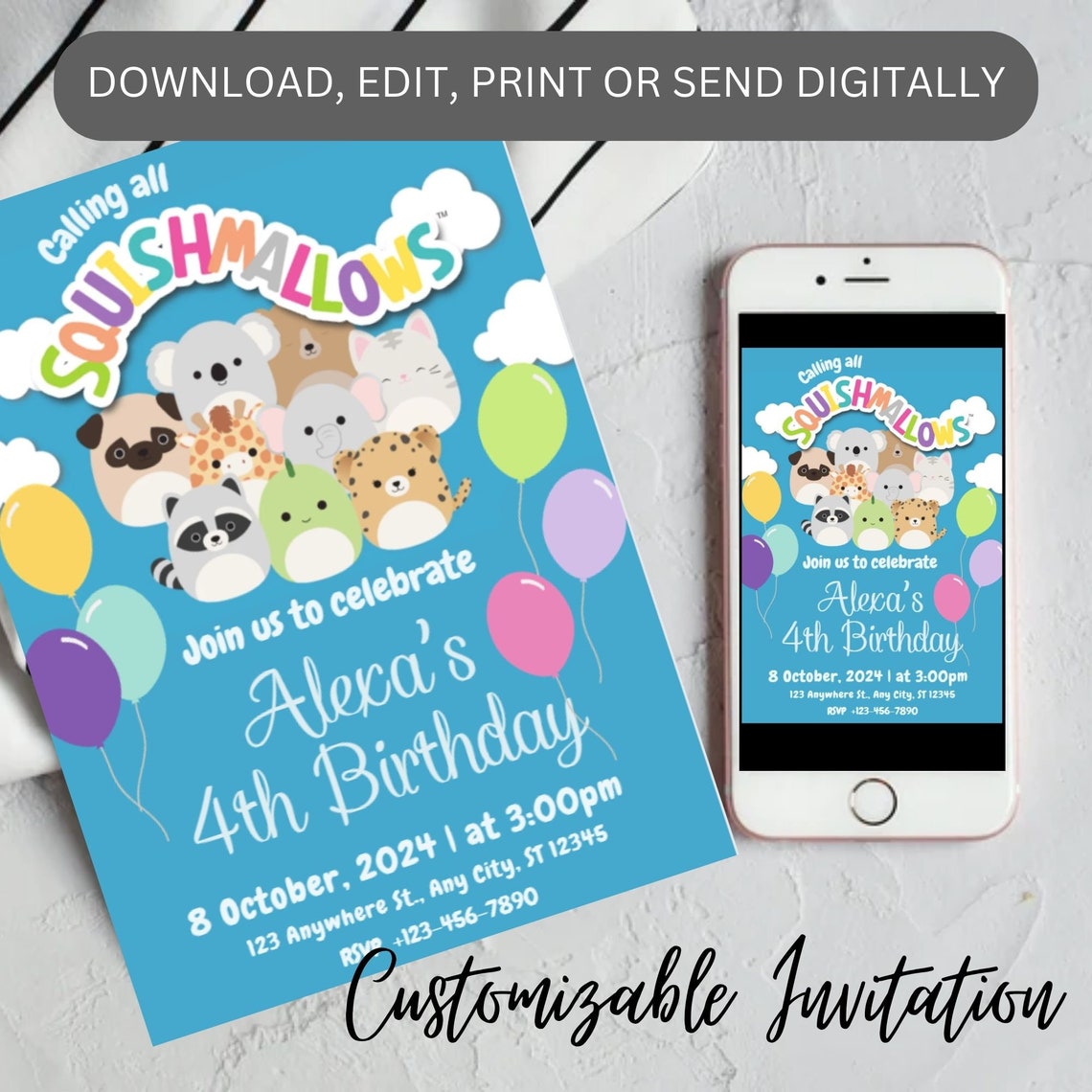 Squishmallows Birthday Invitation Editable Template - Customizable ...